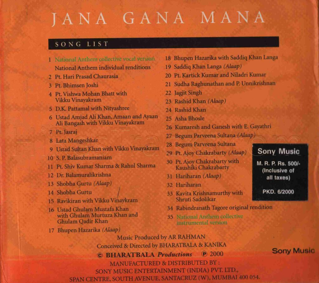Jana Gana Mana (2000) (A.R. Rahman) [Sony Music – 498123 2] [ACD-RIP ...