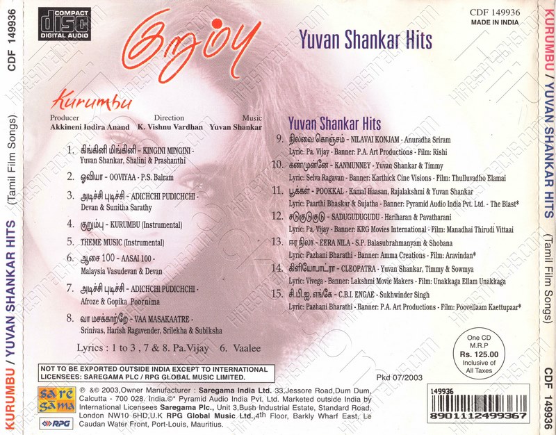 Kurumbu (2003) (Yuvan Shankar Raja) [Saregama – CDF 149936] [ACD-RIP ...