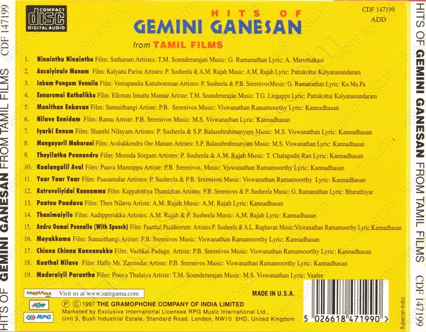 Hits Of Gemini Ganesan From Tamil Films (1970) (Various Artists) [RPG Music – CDF 147199] [ACD ...