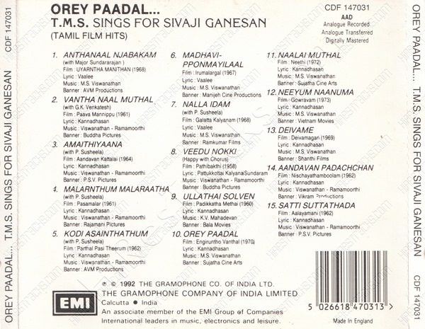 Orey Paadal – T.M.S Sings For Sivaji Ganesan (1960) (Various Artists) [EMI – CDF 147031] [ACD ...
