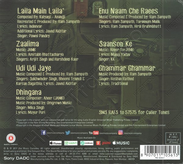 Raees (2017) (Ram Sampath, Kalyanji – Anandji) [Zee Music – S751ZEE0074 ...